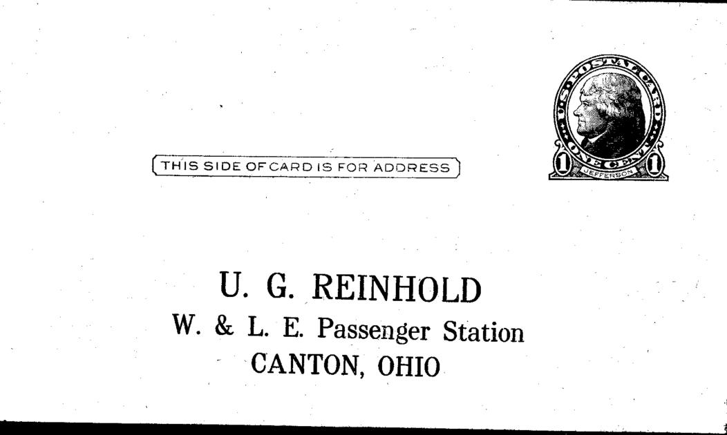 Penny Postcard for U.G. Reinhold | The Nickel Plate Archive